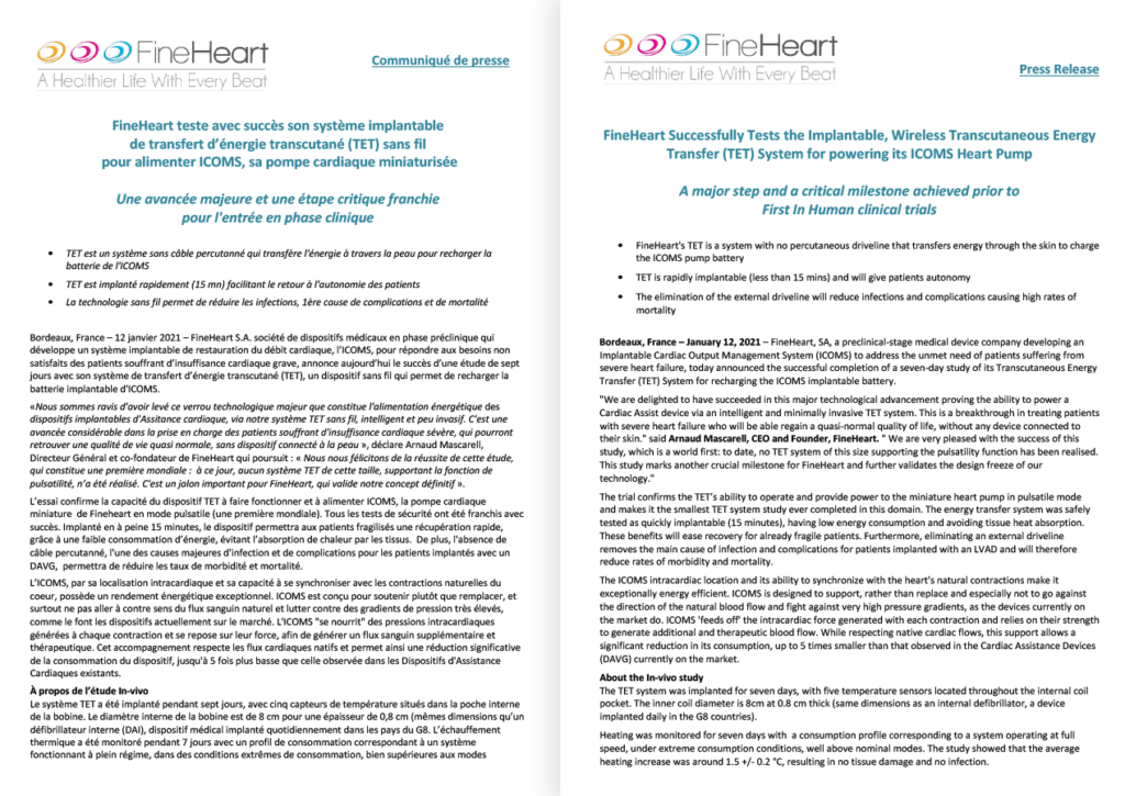 Wireless Transcutaneous Energy Transfer (TET) System for powering its ICOMS FLOWMAKER® Heart ...